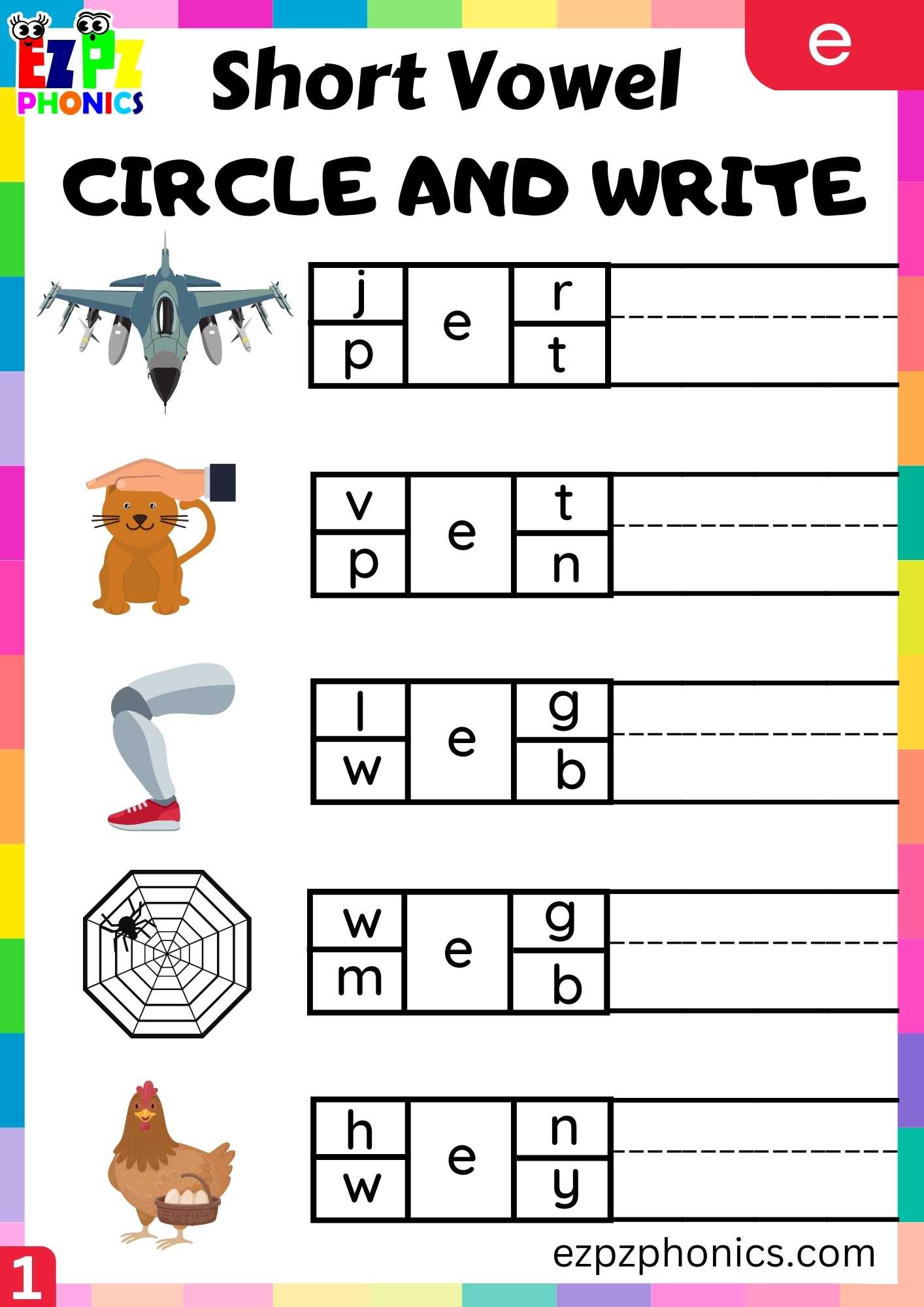 Group1 E Words Circle And Write Short Vowel CVC Words - ezpzphonics.com Group1 E Words Circle And Write Short Vowel CVC Words - ezpzphonics.com
